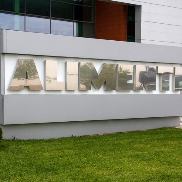 Elegant advertising totem with inox channel letters for Alimenti BG