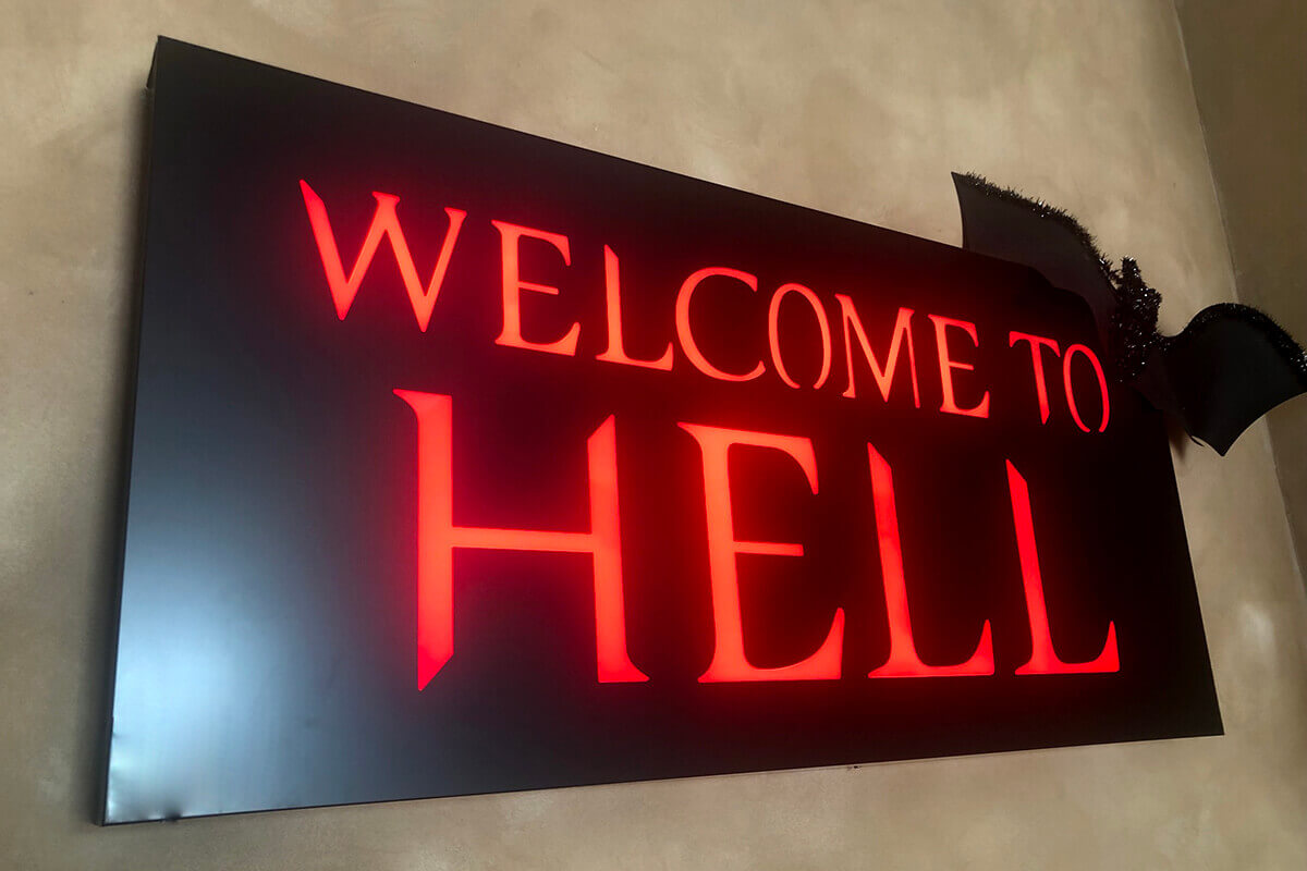 Illuminated Etalbond sign with embedded letters for Bar Lucifer