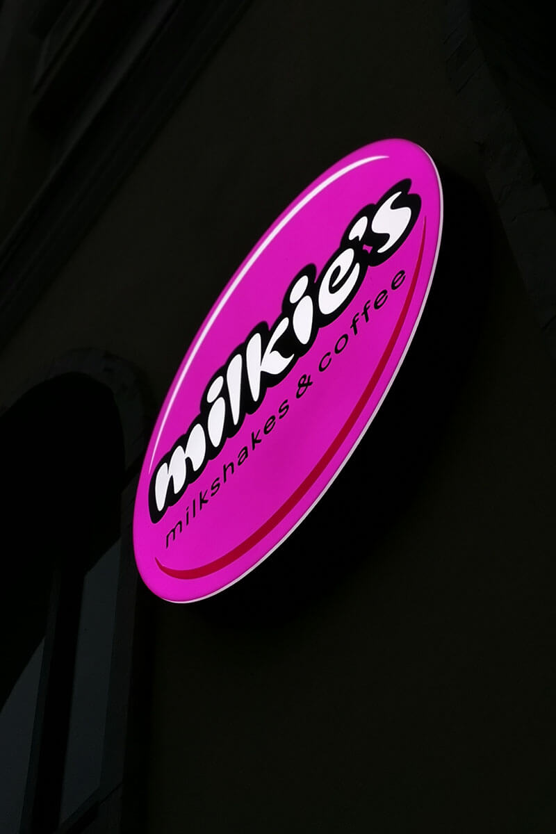 Illuminated acrylic channel letters for Milkies, Shumen